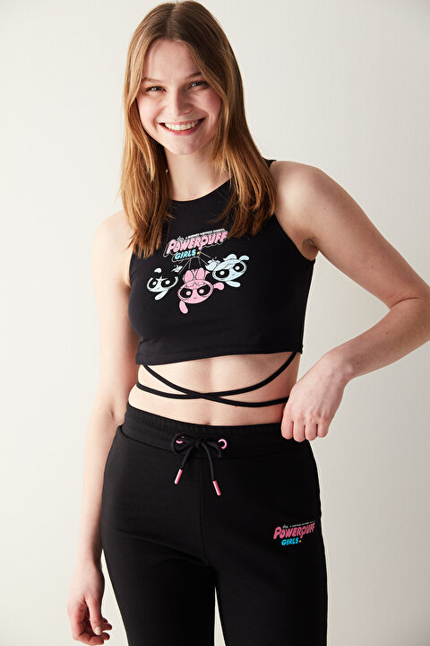 Siyah Baskılı Bağlamalı Crop Top PHQIK7RI24IY-BK3 - Siyah - Penti