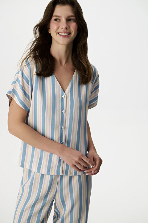 Mavi Ella Çizgili Pantolon Pijama Takımı PN5VD1T526IY-BL85 - Penti