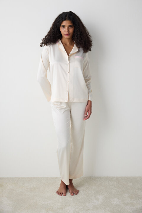 Saten Solid Gömlek Pantolon Krem Pijama Takımı - Penti Loves Paris ...